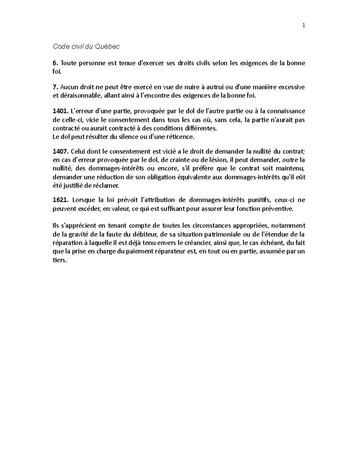 Articles du Code civil du Québec 3e cours - 1 Code civil du Québec ...