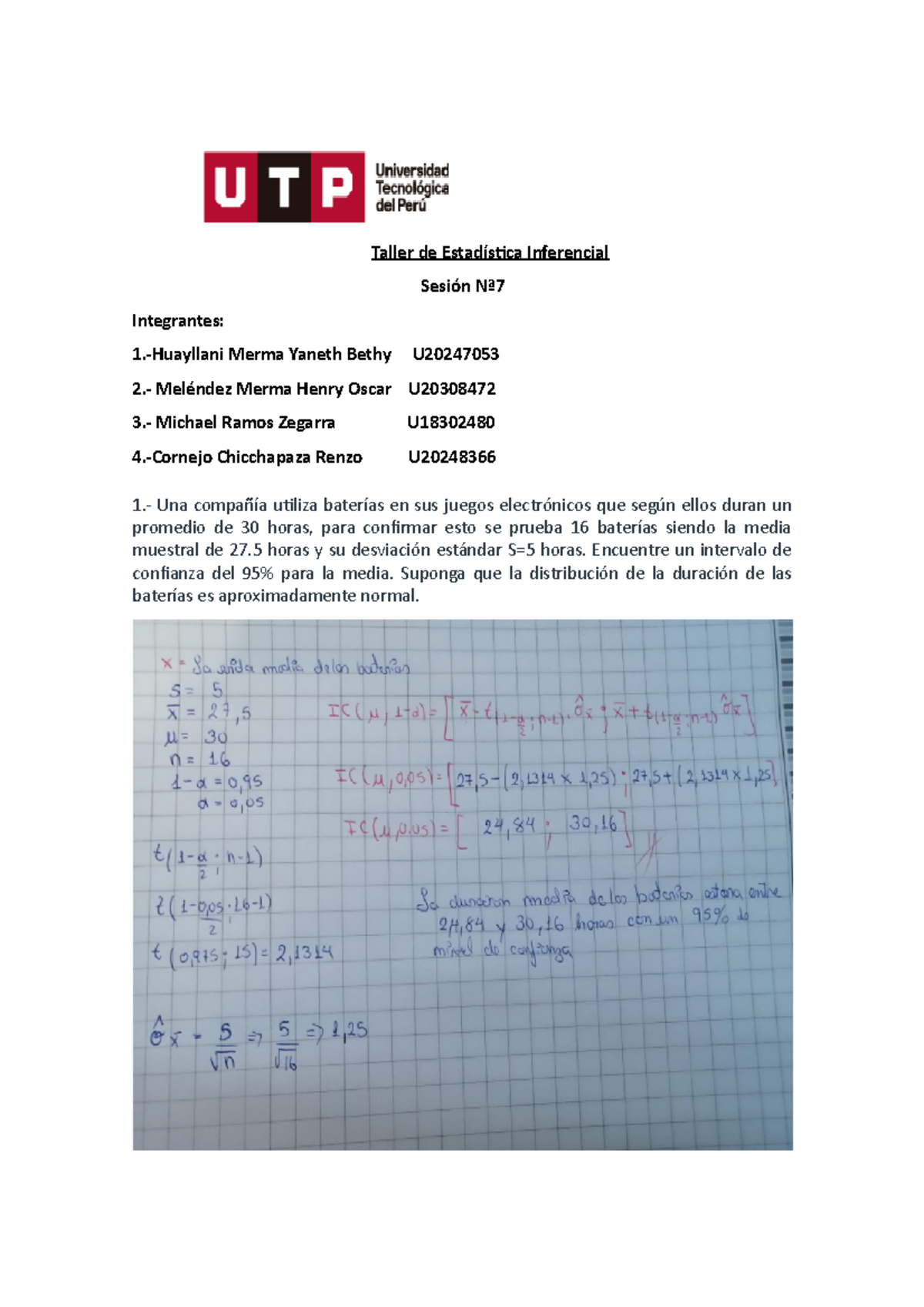 S04.s1Taller Nª1 Ejercicios de Distribucion Muestral e IC - Taller de Estadística Inferencial ...