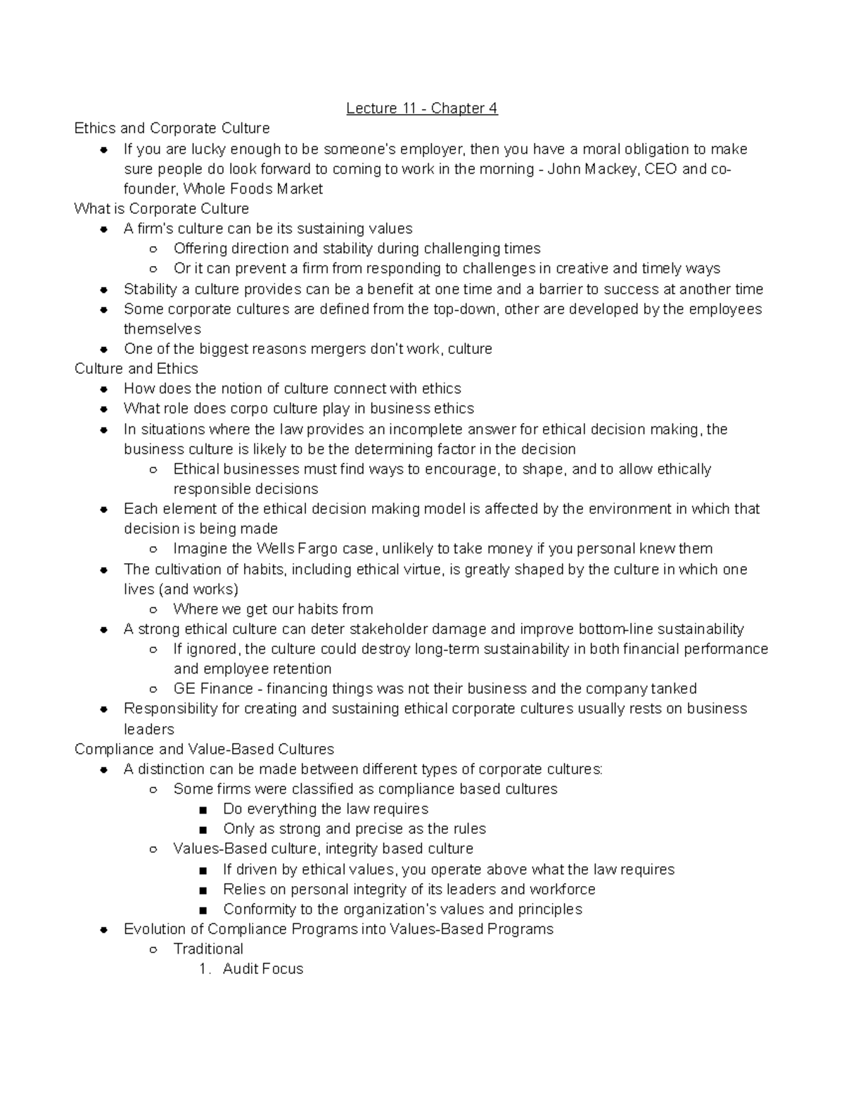 Chapter 4 - Notes - Lecture 11 - Chapter 4 Ethics and Corporate Culture ...