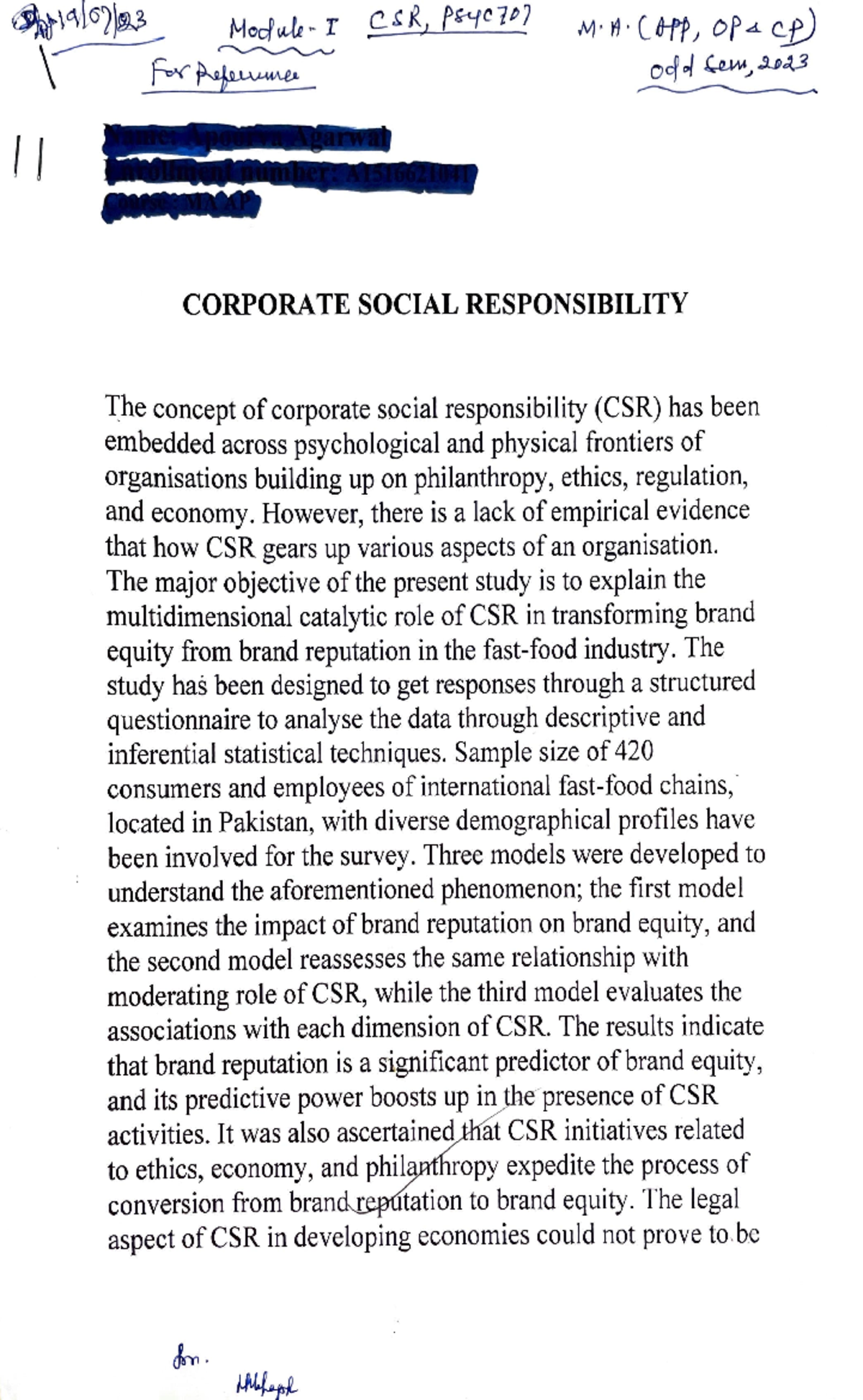 CSR Questions-1 - Notes - I CSR, PSYC707 M. CAPP, For Reference odd sem ...