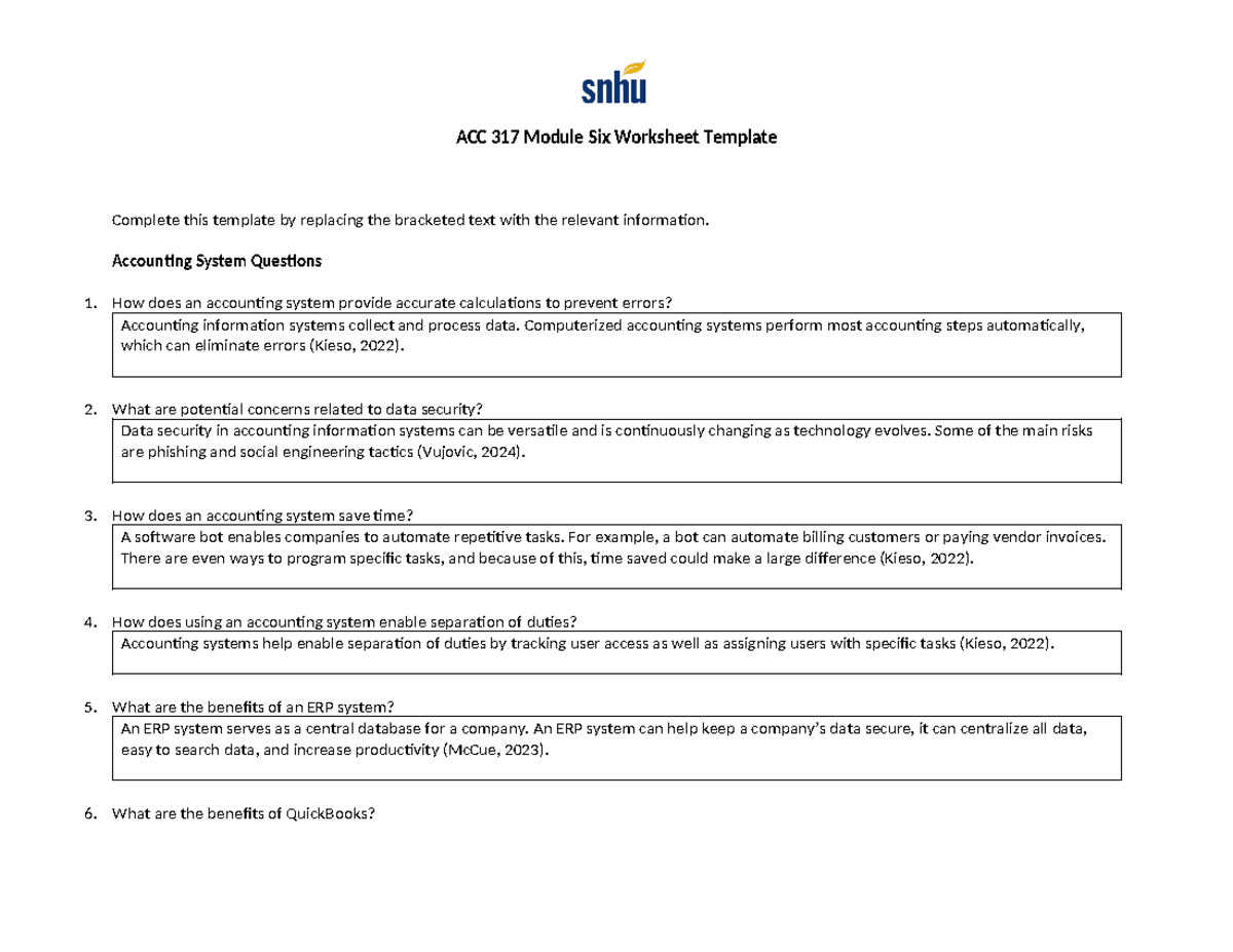 Module Six Worksheet - Example of how to do the assignment. - ACC 317 ...