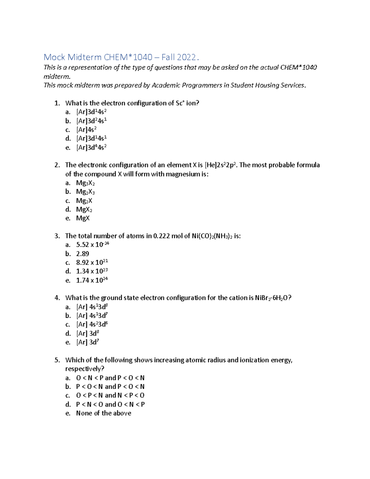 Chem 1040 Midterm - Mock Midterm CHEM* 1040 – Fall 2022. This is a ...