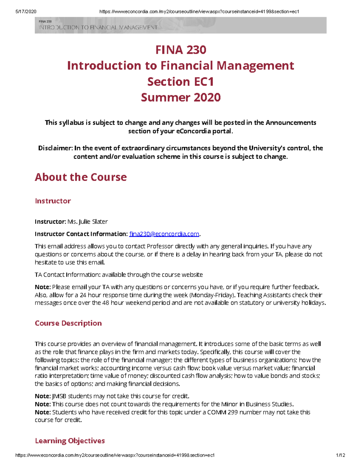Outline Fina230 - FINA 230 Introduction to Financial Management Section ...