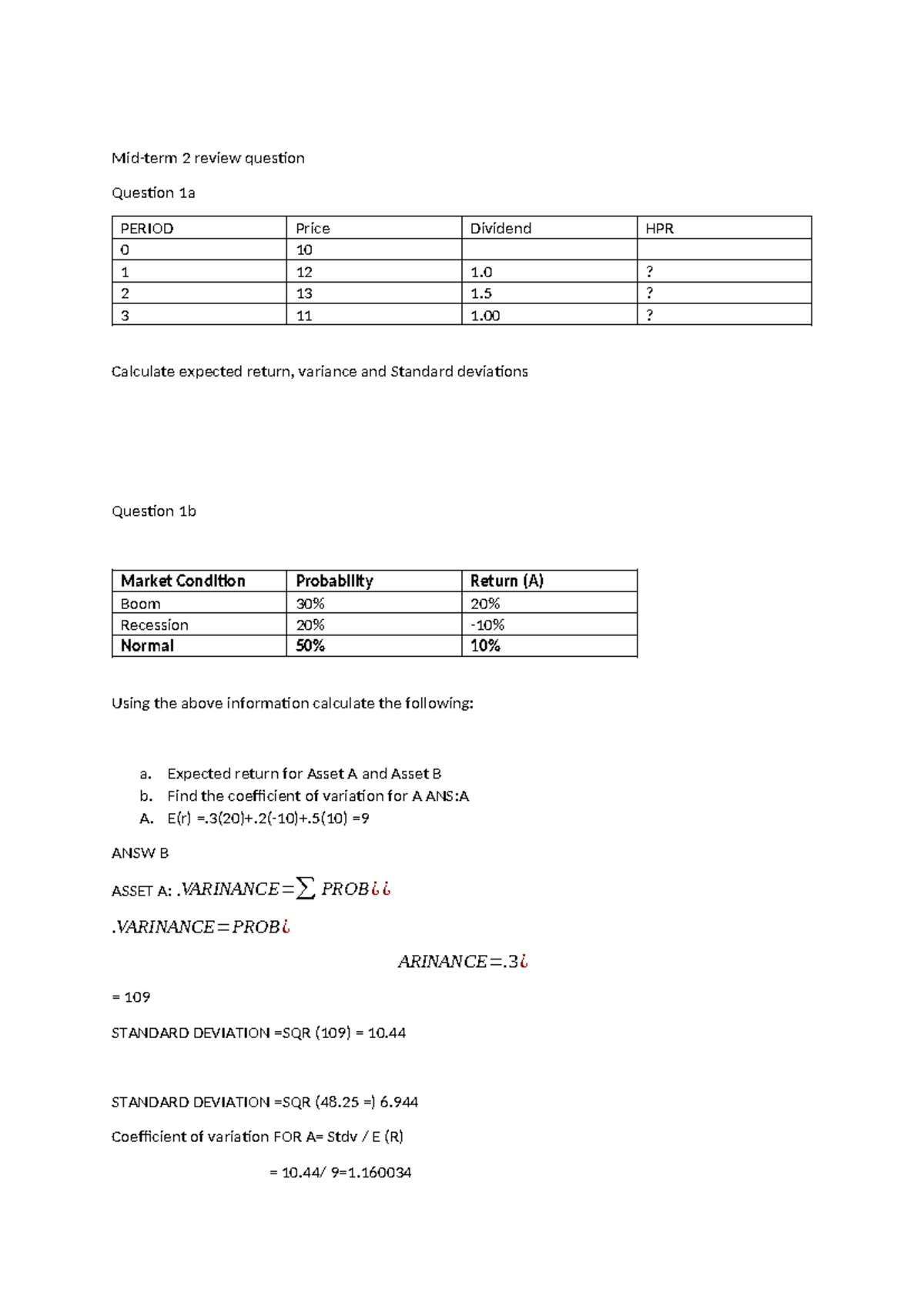Mid2 review question fina 3311 fall 2023 - Mid-term 2 review question Question 1a PERIOD Price ...