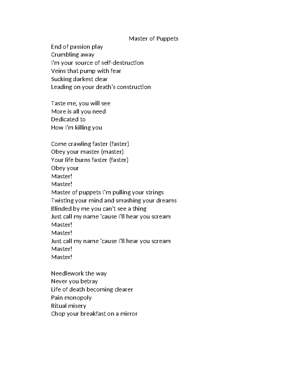 Song Master Of Puppets - Master of Puppets End of passion play ...