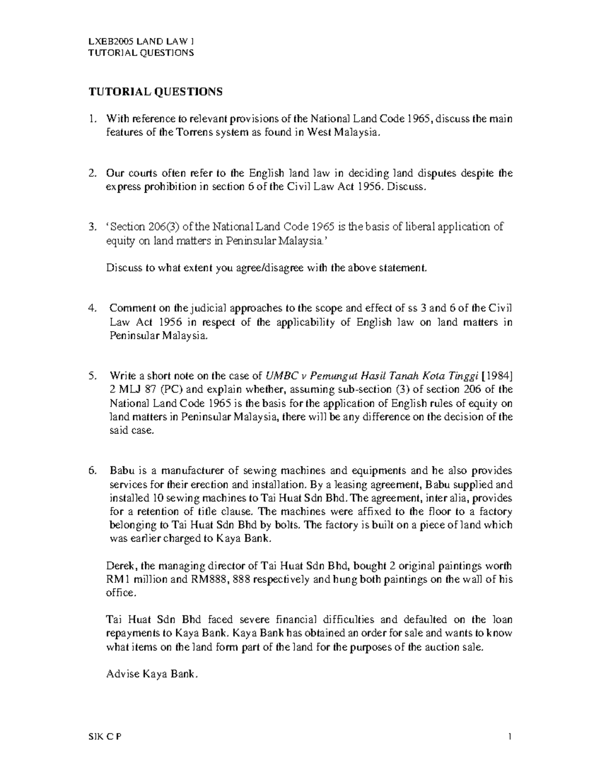 Tutorial Questions - Land law - TUTORIAL QUESTIONS TUTORIAL QUESTIONS ...