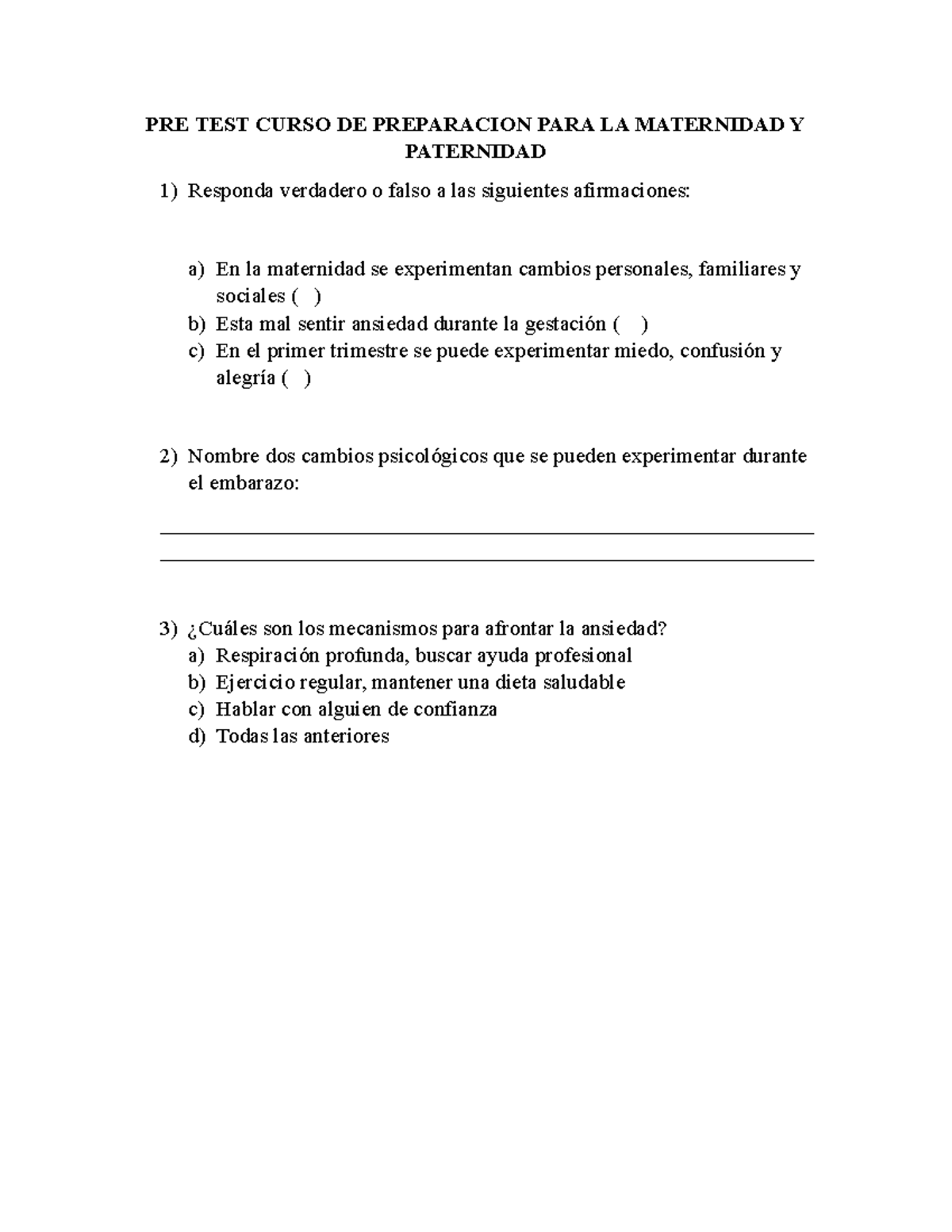 PRE TEST Y POST TEST Maternidad - PRE TEST CURSO DE PREPARACION PARA LA ...