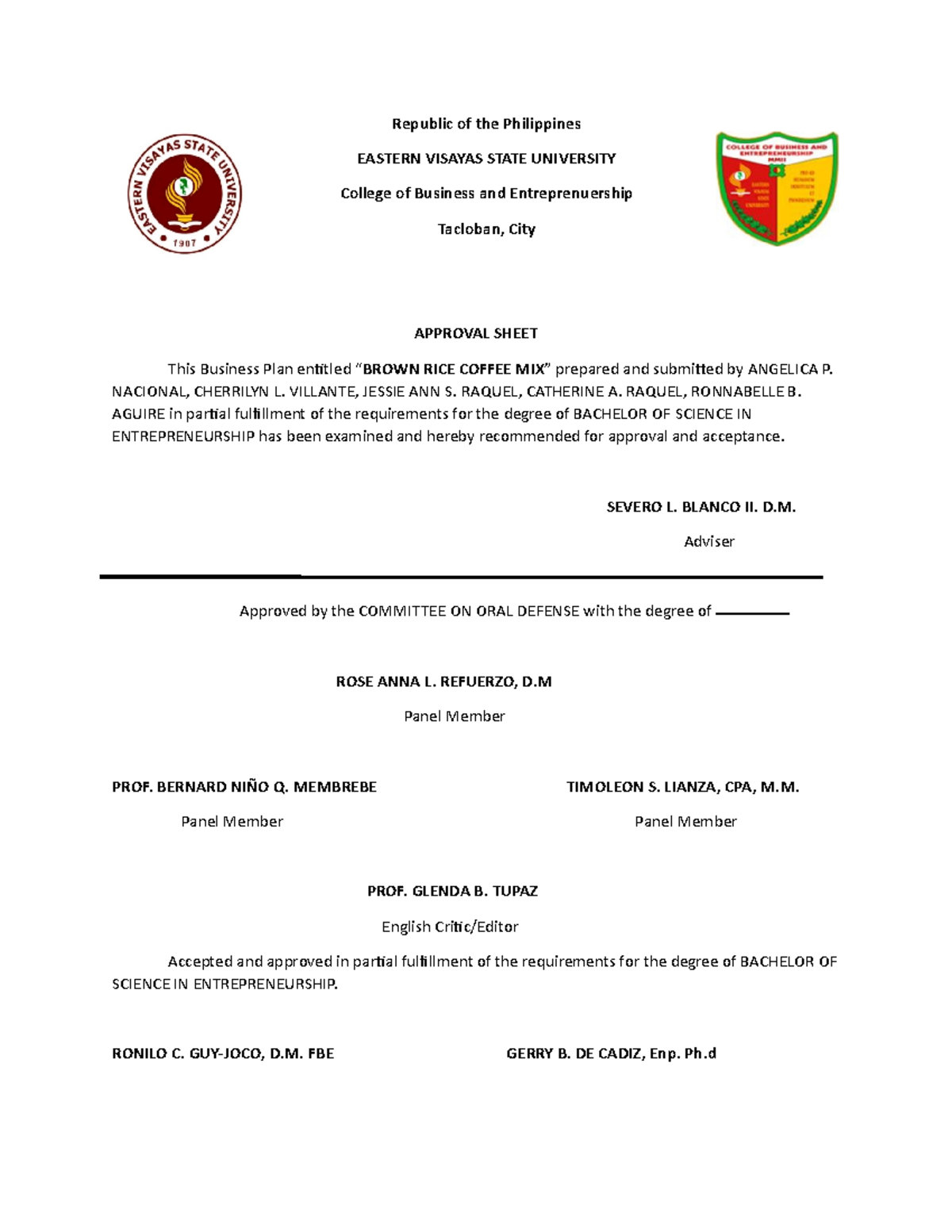 Approval Sheet BP - Republic of the Philippines EASTERN VISAYAS STATE ...