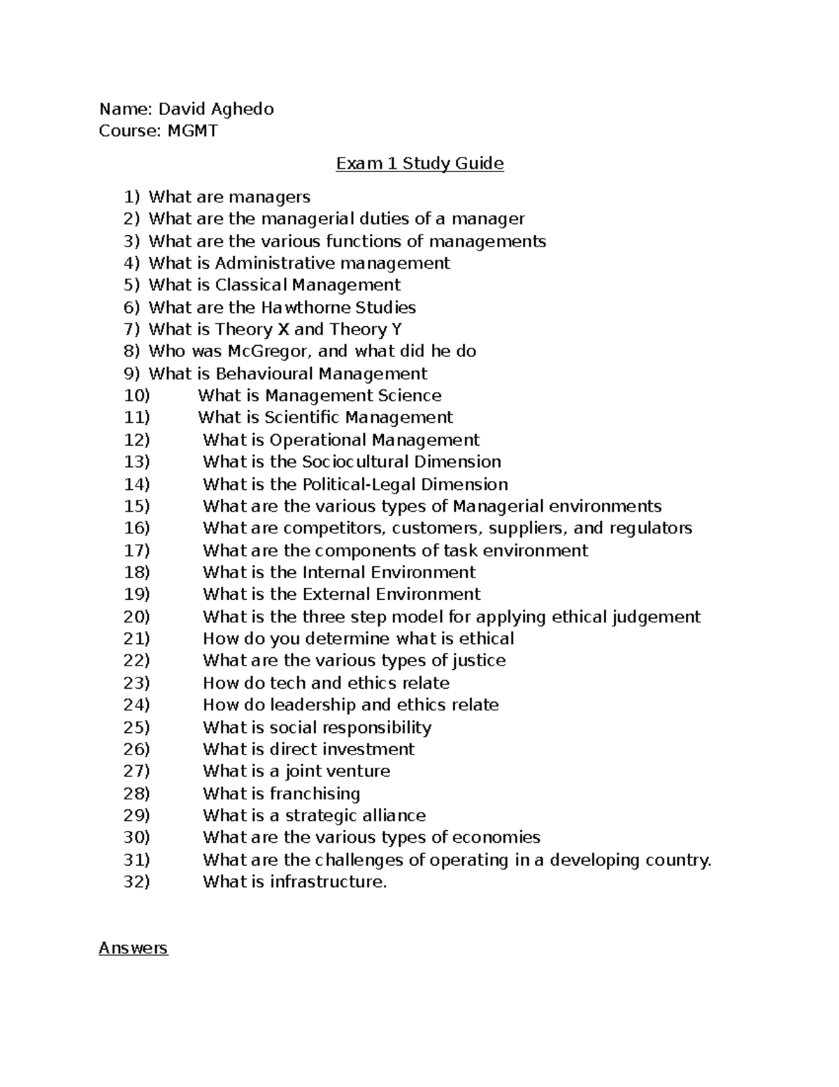 MGMT Study Guide for Exam 1 - Name: David Aghedo Course: MGMT Exam 1 ...