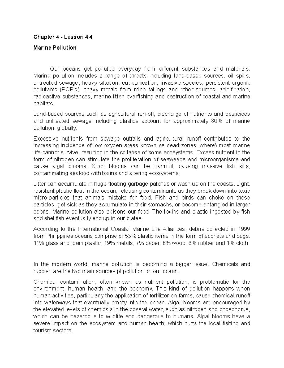 Marine Pollution - Chapter 4 - Lesson 4. Marine Pollution Our oceans ...