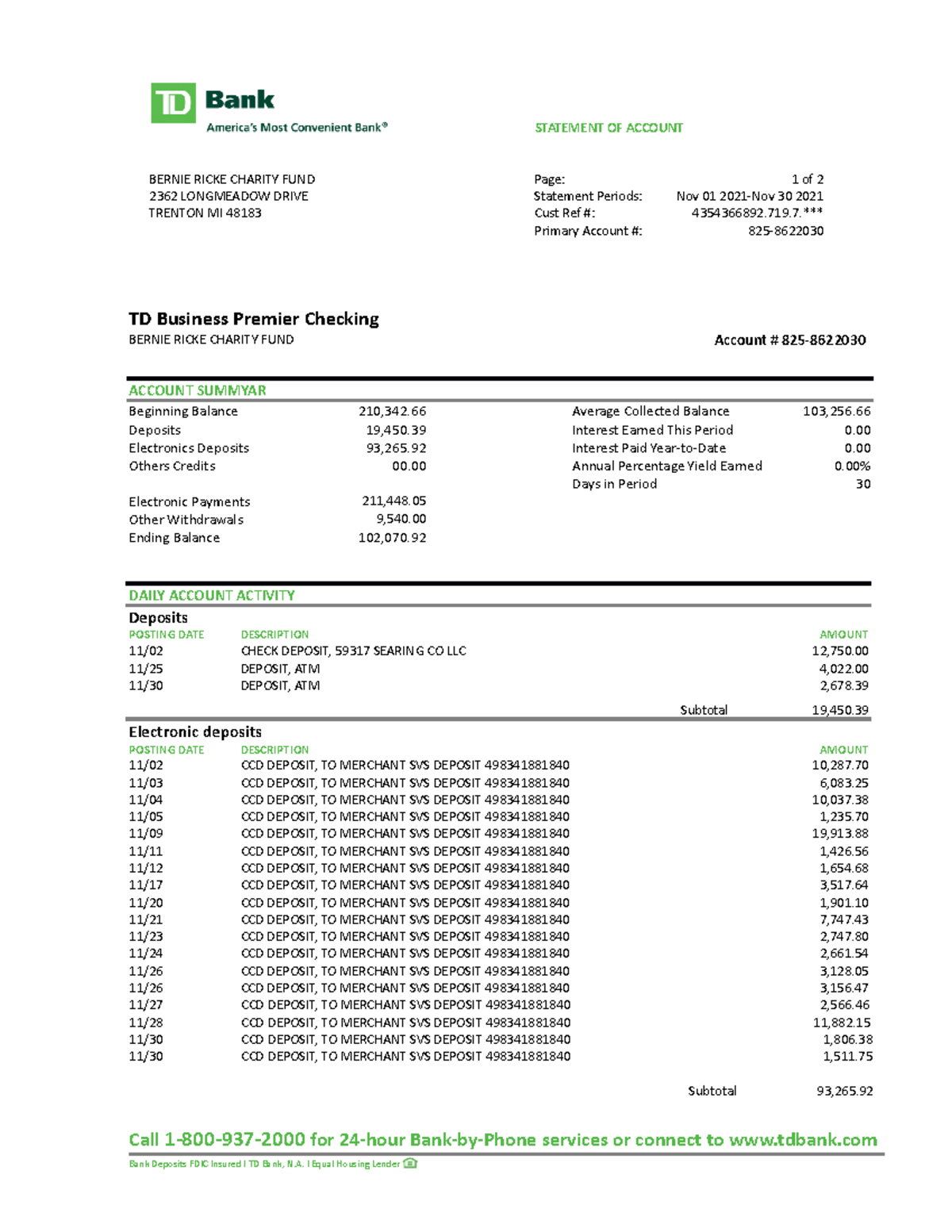 TD Bank Statement - 3 - STATEMENT OF ACCOUNT BERNIE RICKE CHARITY FUND ...