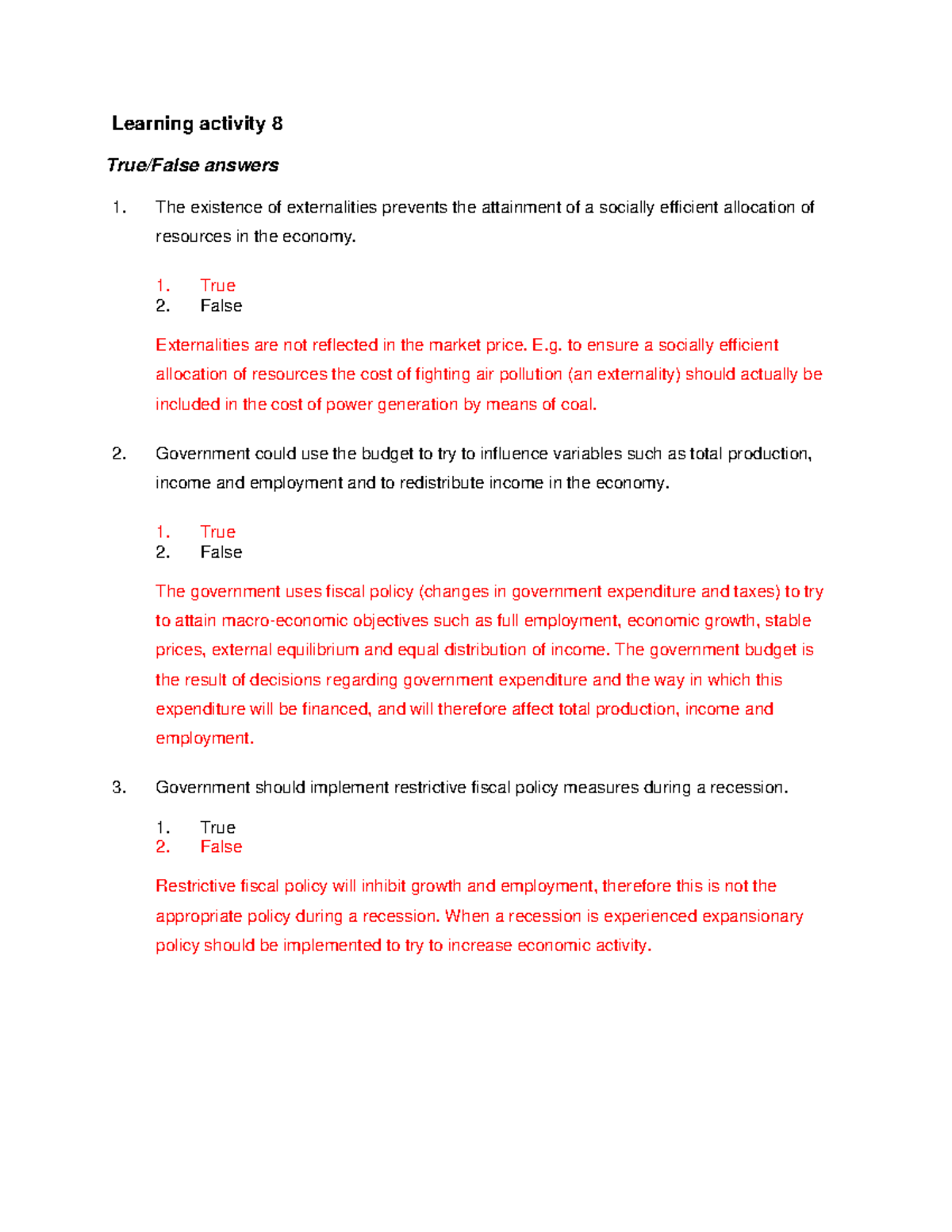 Learning activity 8 answers - Learning activity 8 True/False answers ...