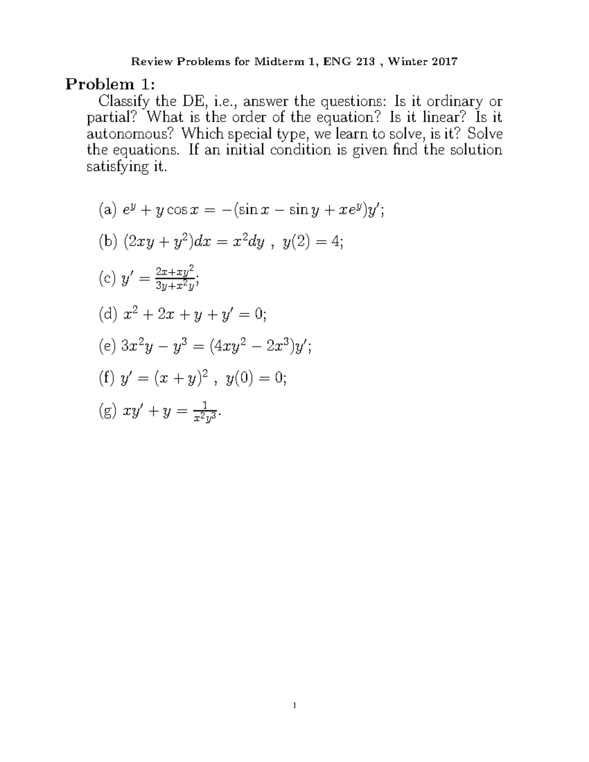 Problems For Midterm 1 Review Review Problems For Midterm 1 Eng 213 Winter 2017 Problem 1