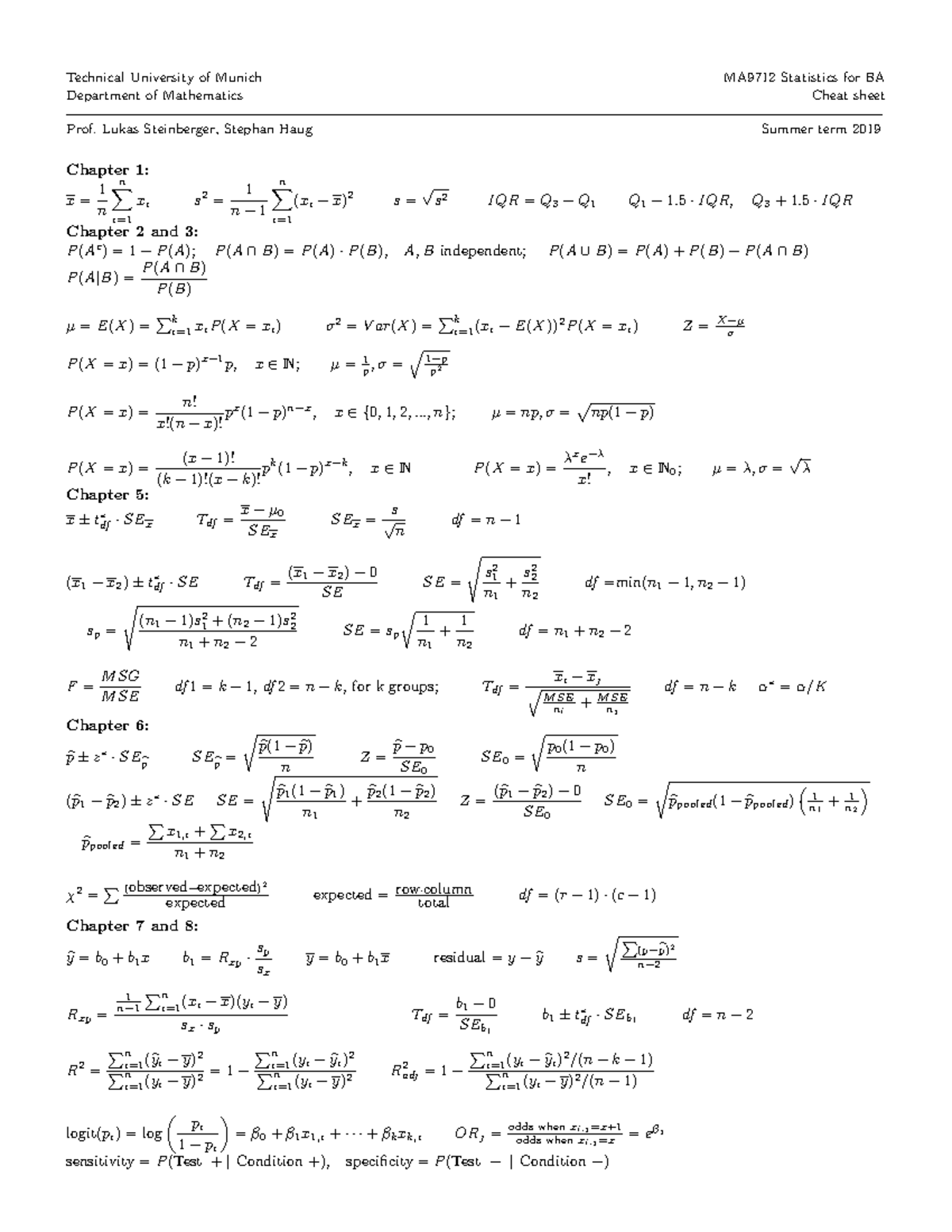 Cheat sheet - Technical University of Munich MA9712 Statistics for BA ...
