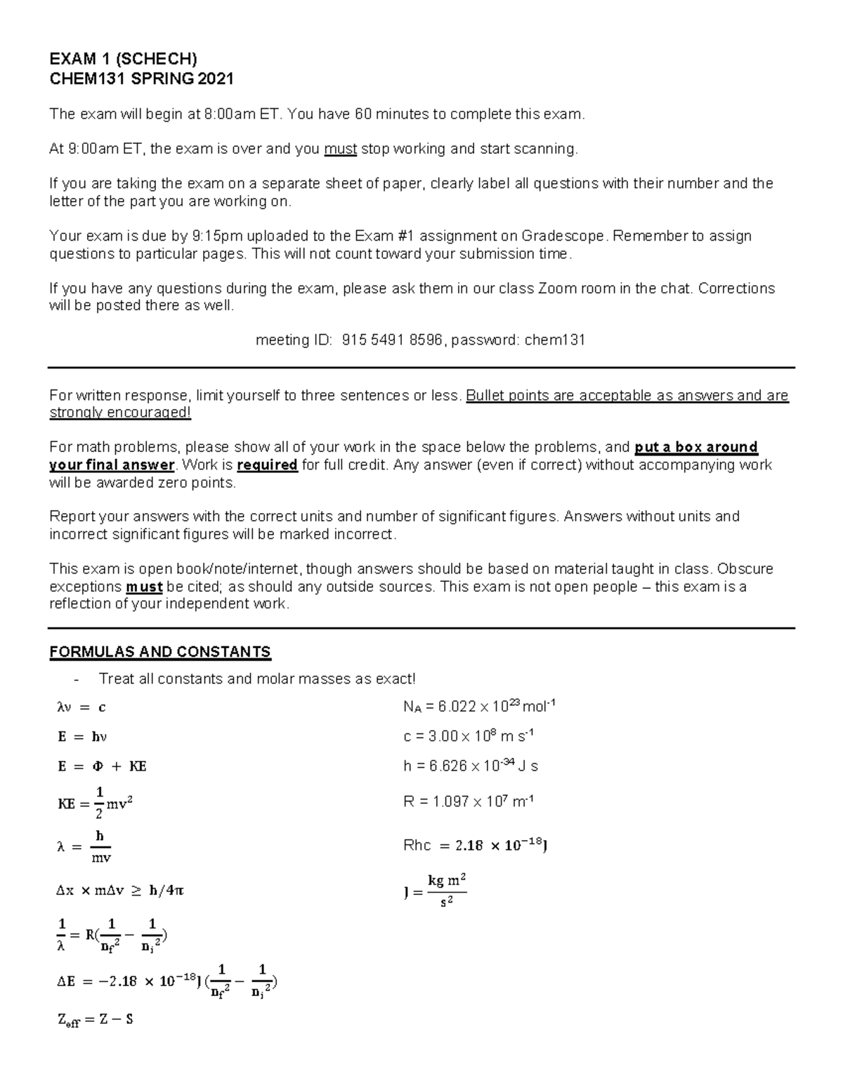 Chem131 Spring 2021 Exam 1 - Studocu