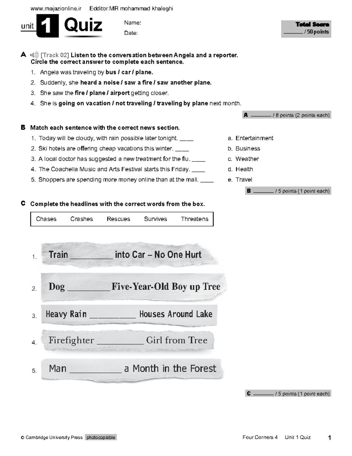 Four Corners 4 Quiz Unit 1 Cambridge University Press Photocopiable