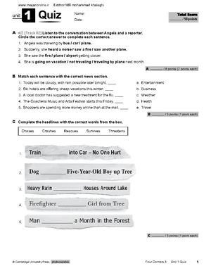Four Corners 4 Quiz Unit 1 - Cambridge University Press photocopiable ...
