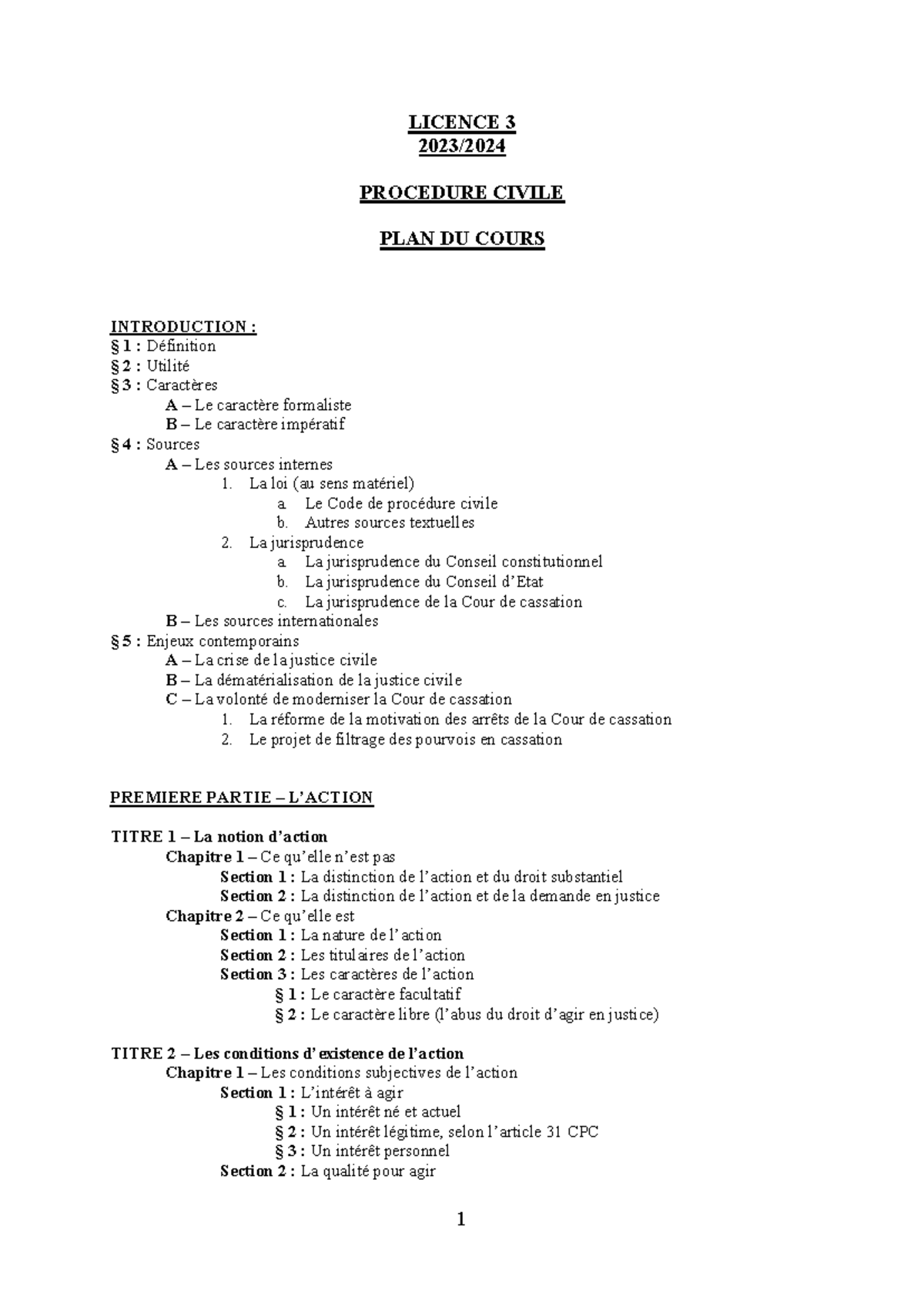 L3-Plan du cours 2023-2024-2 - LICENCE 3 2023 /202 4 PROCEDURE CIVILE ...