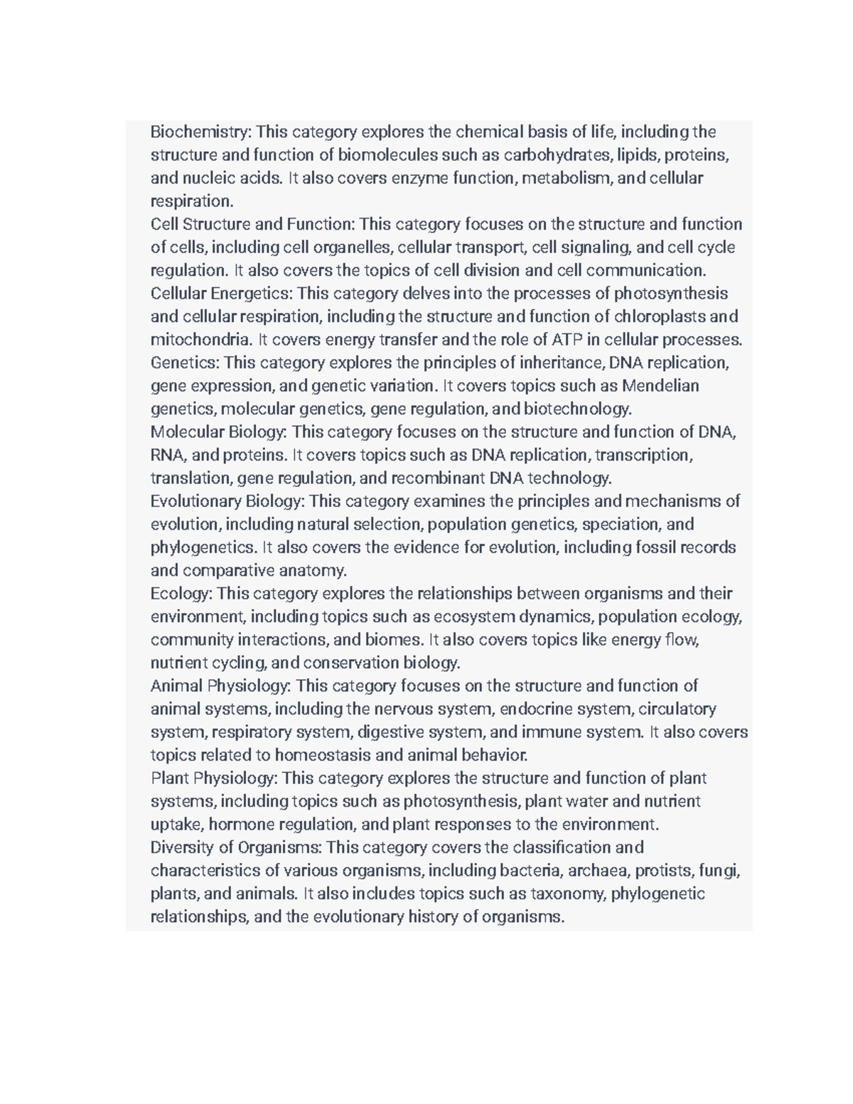 The major categories typically covered in AP Biology - Biochemistry ...