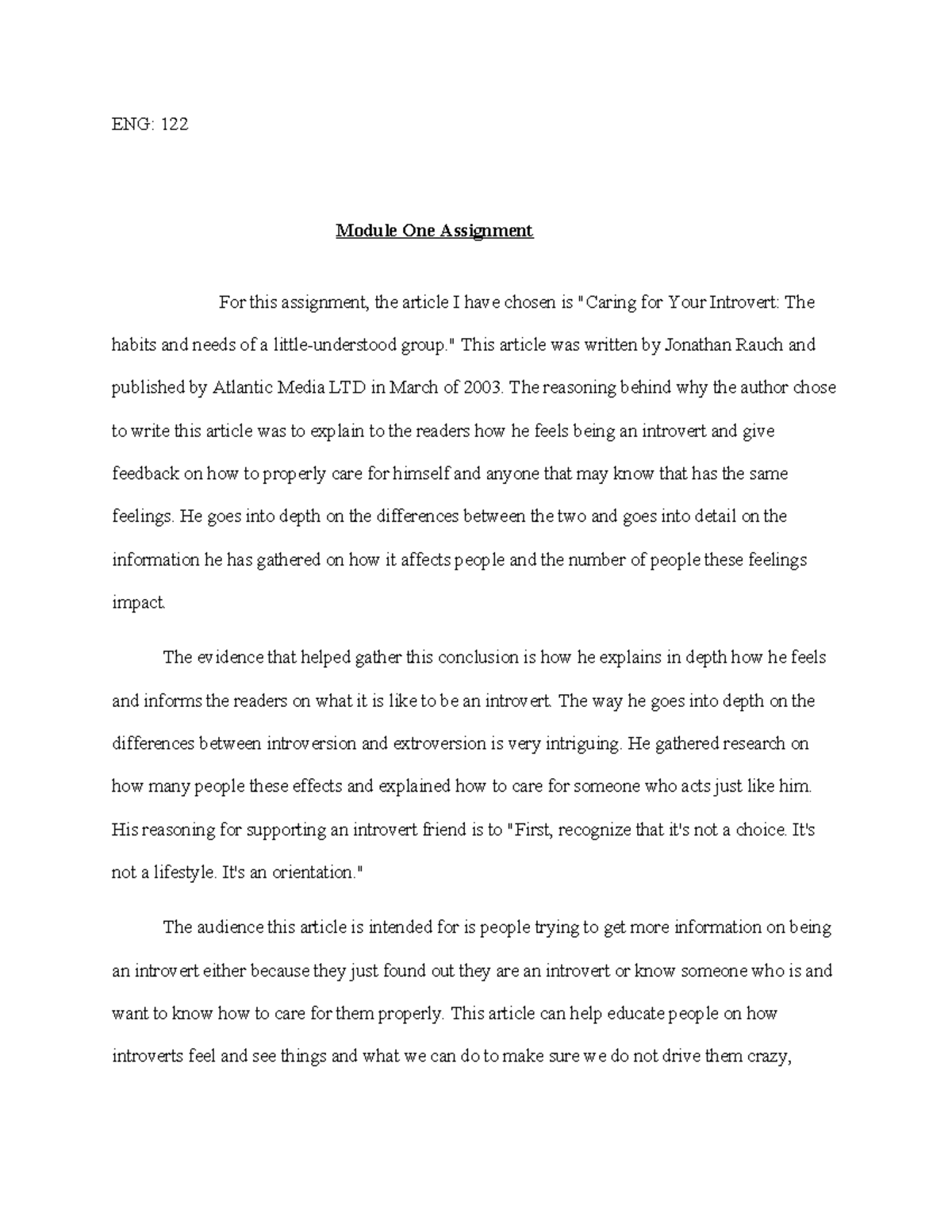 Module One Assignment - ENG: 122 Module One Assignment For this ...