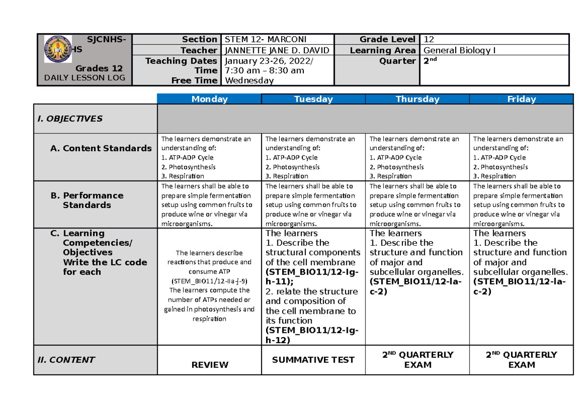 WEEK 2 - PRACTICE MATERIALS - SJCNHS- SHS Grades 12 DAILY LESSON LOG ...