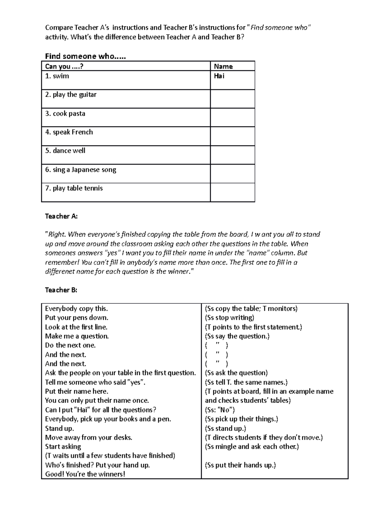 Instructions-Examples - Compare Teacher A's instructions and Teacher B ...