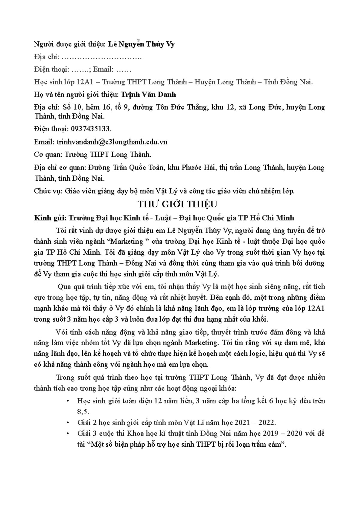 THU GIOI Thieu - Thúy Vy - gvbvvx - Người được giới thiệu: Lê Nguyễn Thúy Vy Địa chỉ: - Studocu