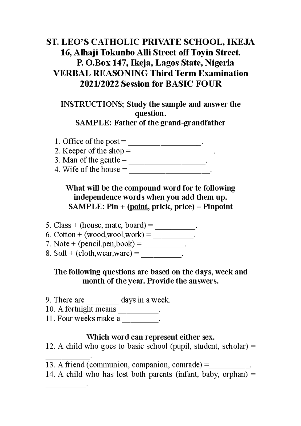 Basic FOUR Verbal Reasoning - ST. LEO’S CATHOLIC PRIVATE SCHOOL, IKEJA ...