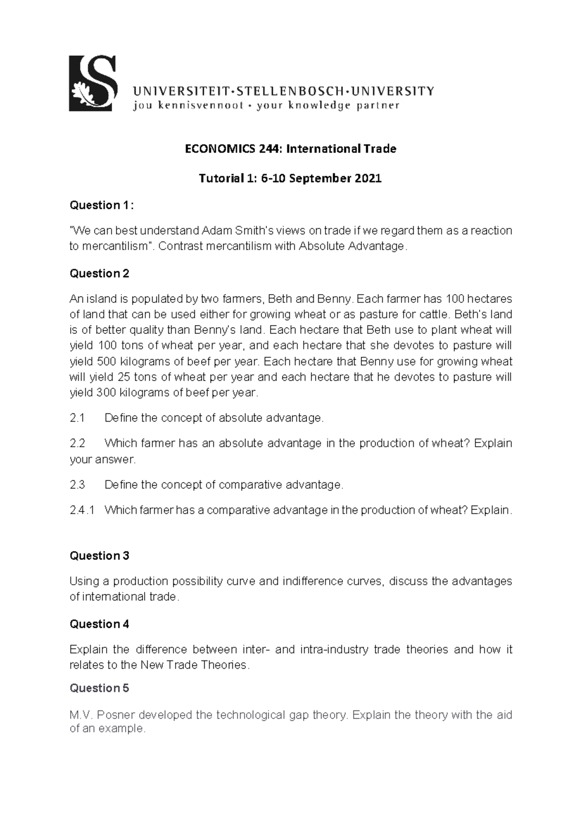 Tutorial 1 - Tut1 Q - ECONOMICS 244: International Trade Tutorial 1: 6 ...