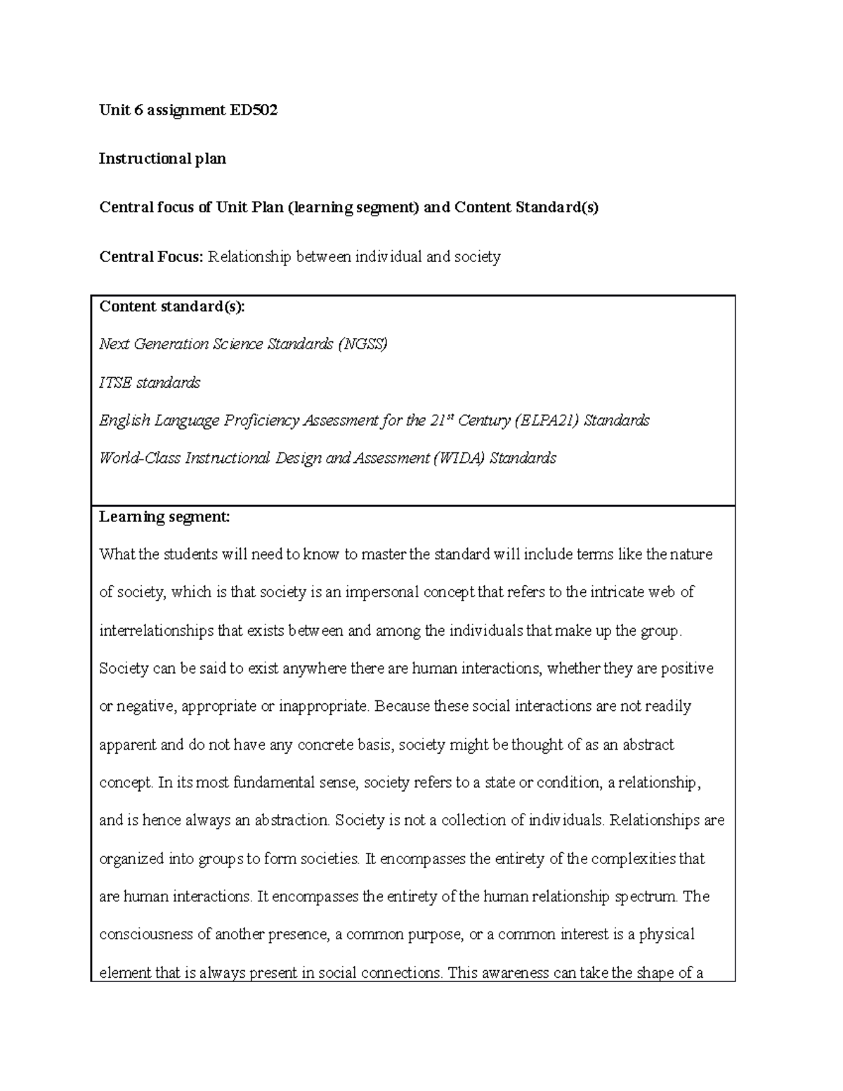 Unit 6 assignment ED502 - Unit 6 assignment ED Instructional plan Central focus of Unit Plan ...