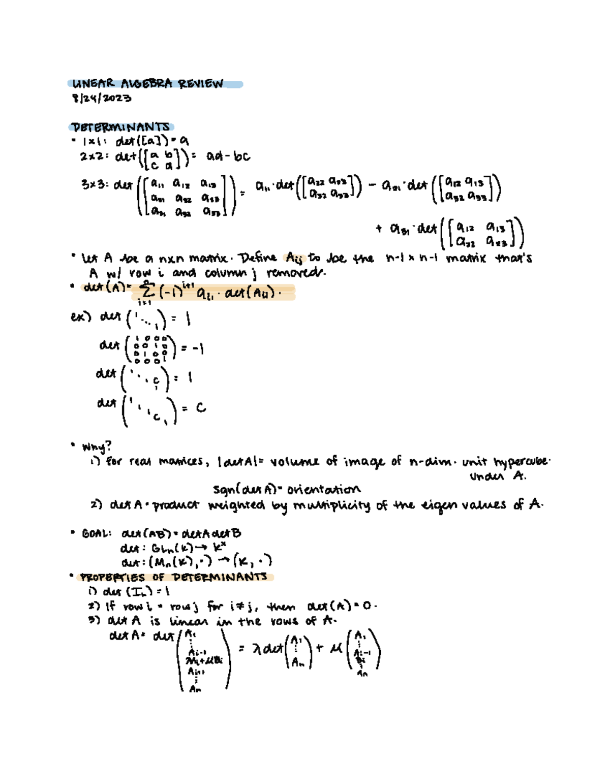 Linear Alg review - LINEAR ALGEBRA REVIEW 8 24 2023 DETERMINANTS o Ix 1 ...