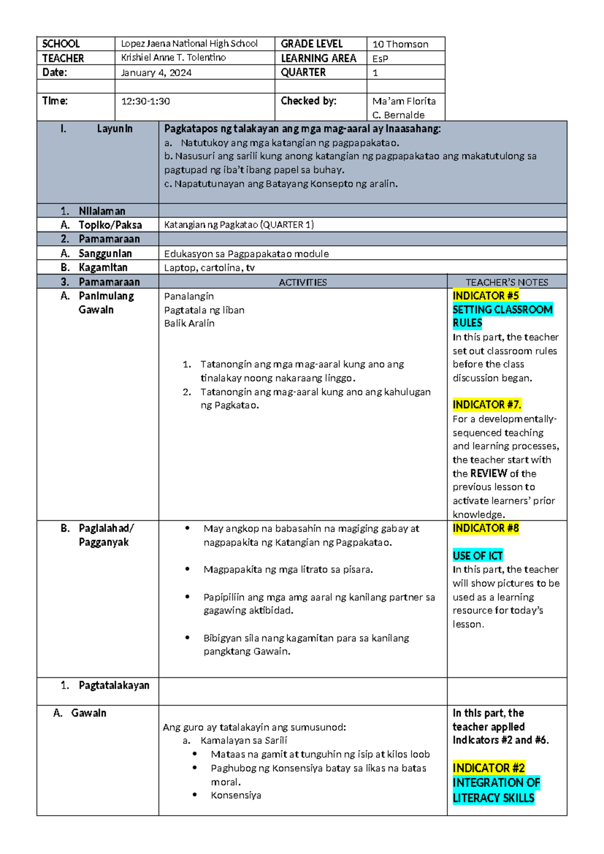 COT 2 - Lesson Plan in ESP Grade 10 second quarter - SCHOOL Lopez Jaena ...