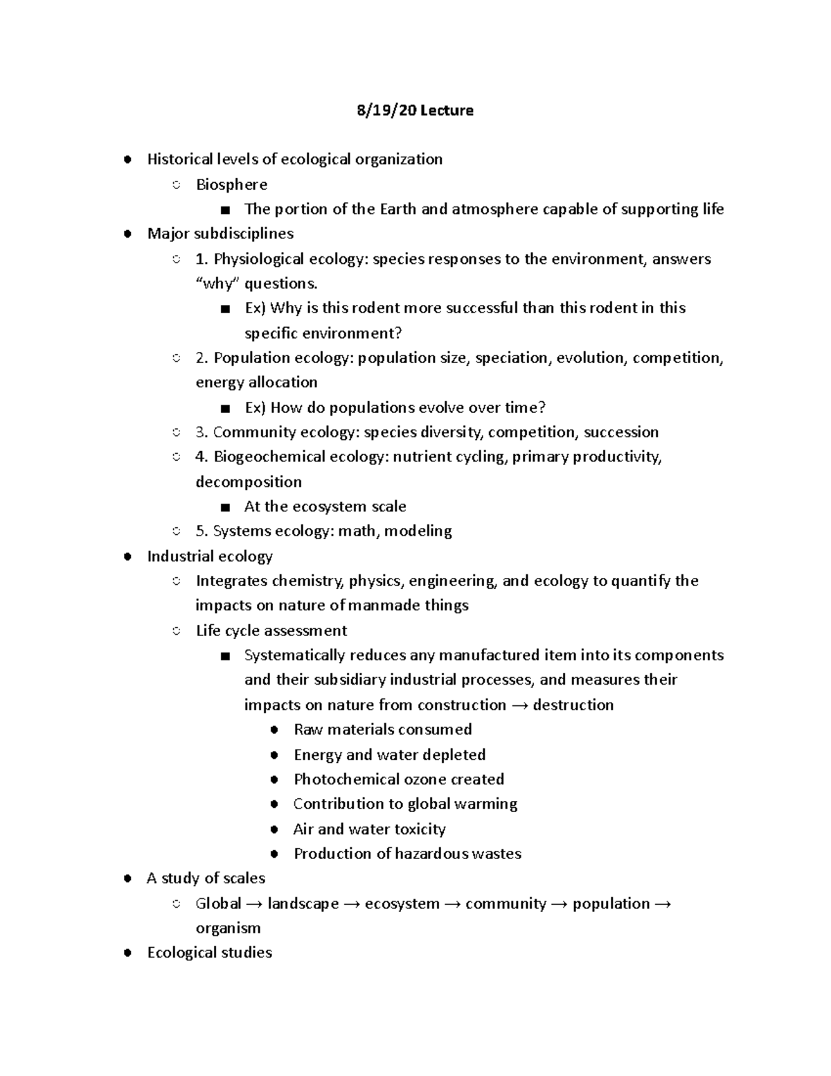 Lectures for Ecology Exam 1 - 8/19/20 Lecture Historical levels of ...