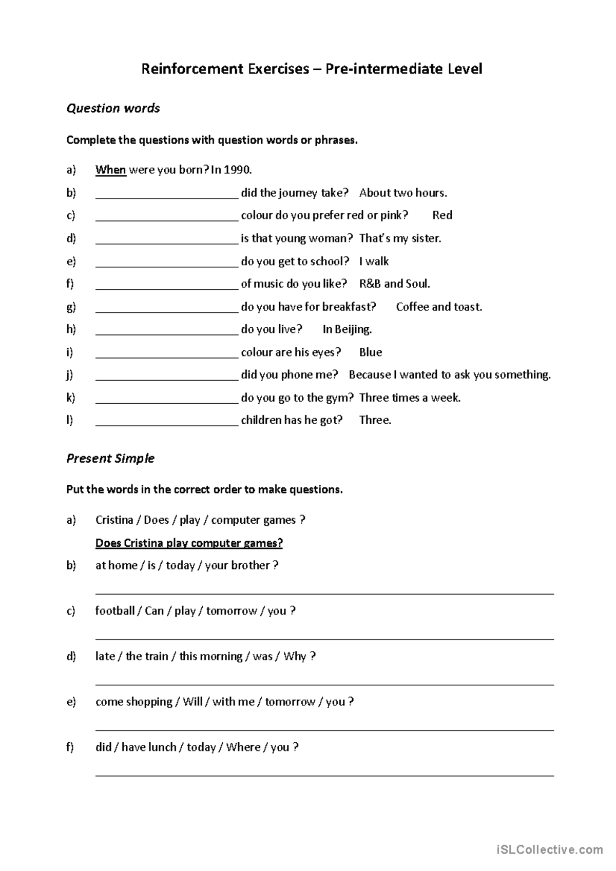 PRE- Intermediate Grammar Exercises - Reinforcement Exercises – Pre ...