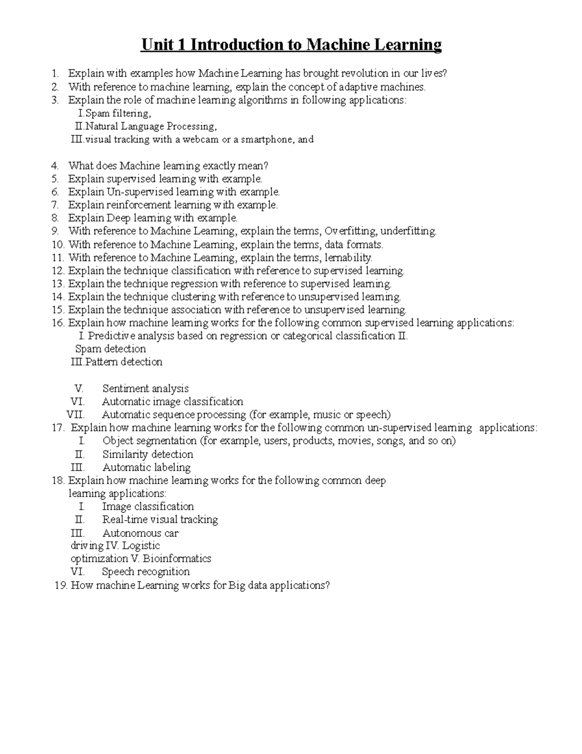 ML Quesition Bank Unit 1 to 6 - Unit 1 Introduction to Machine Learning ...