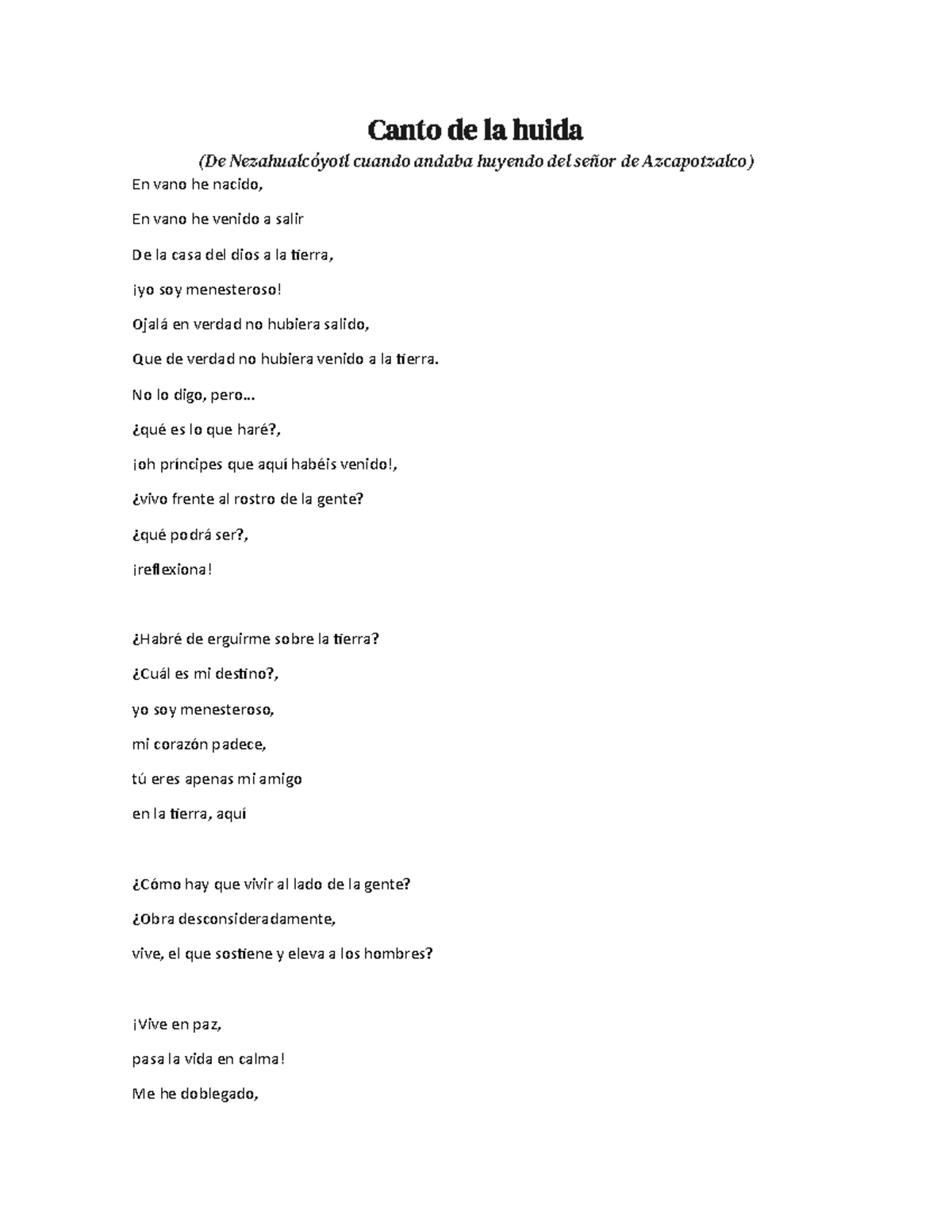 Canto de la huida - Español 2023 - Canto de la huida (De Nezahualcóyotl ...