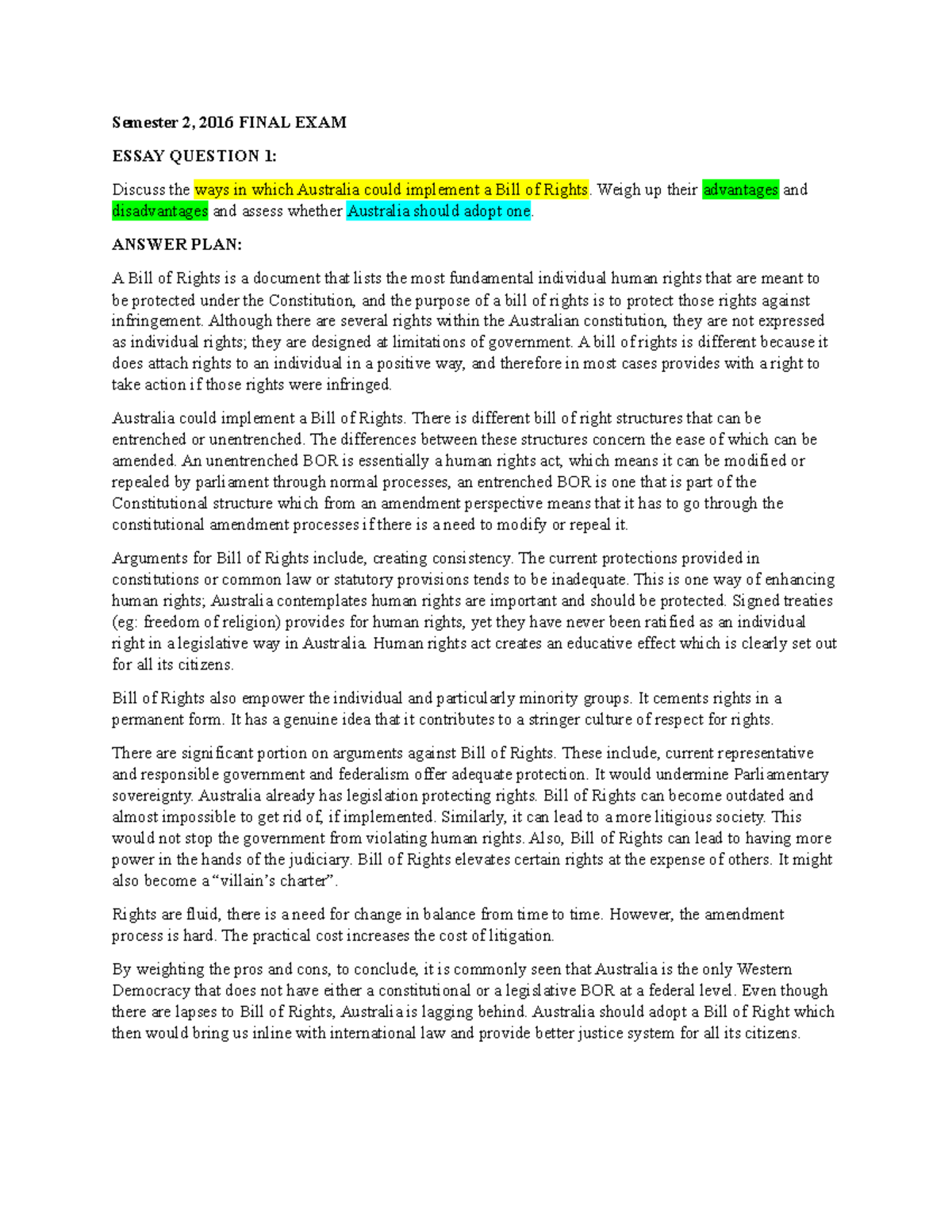 FINAL EXAM-2018/2019 - Semester 2, 2016 FINAL EXAM ESSAY QUESTION 1 ...