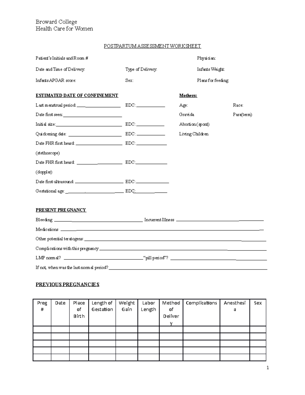 Postpartum assessment worksheet - Broward College Health Care for Women ...