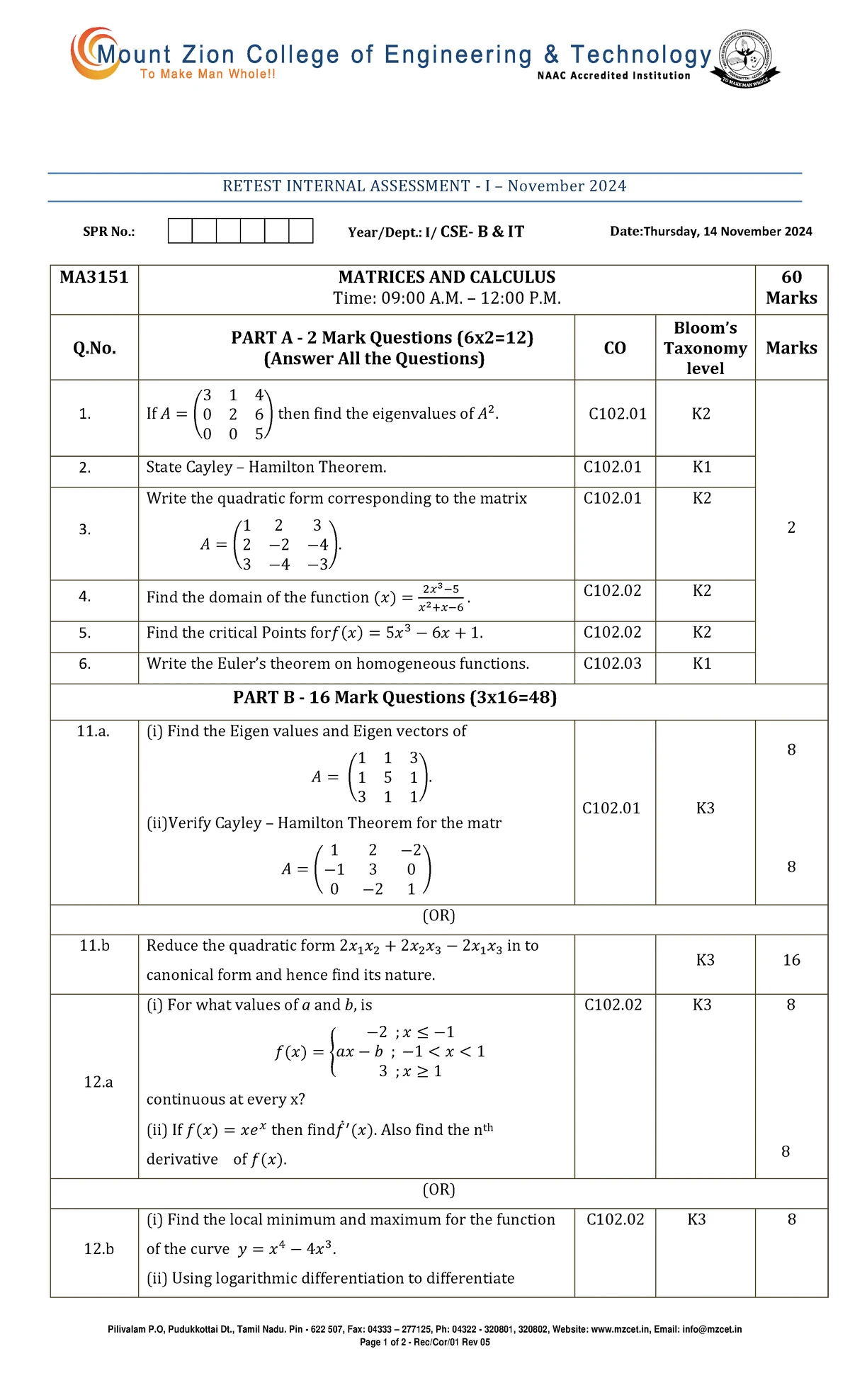 MA3151 Unit-4 Integral Calculus - IV INTEGRAL CALCULUS STANDARD f(x) (f(x) dx. xn tc 2 2 sin x ...