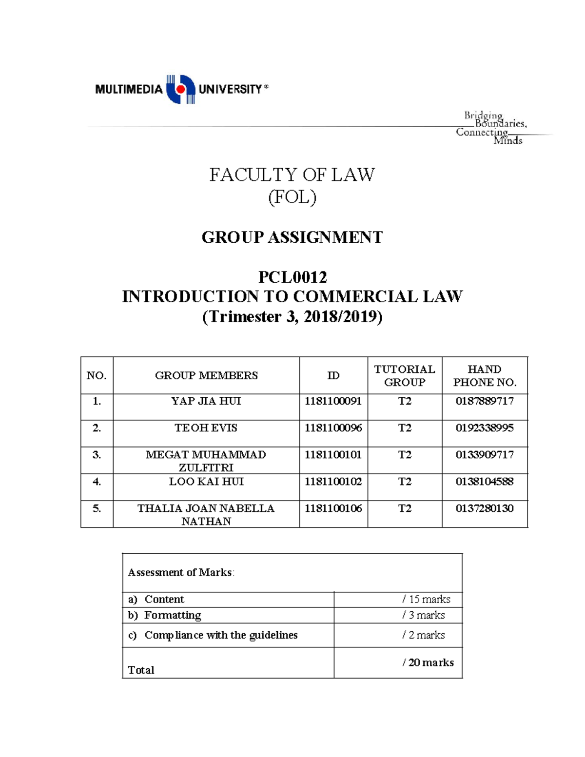 PCL0012 Assignment Content - FACULTY OF LAW (FOL) GROUP ASSIGNMENT PCL ...