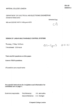 2021 - Design of Linear Multivariable Control Systems past paper 2021 by Imad M. Jaimoukha - Studocu