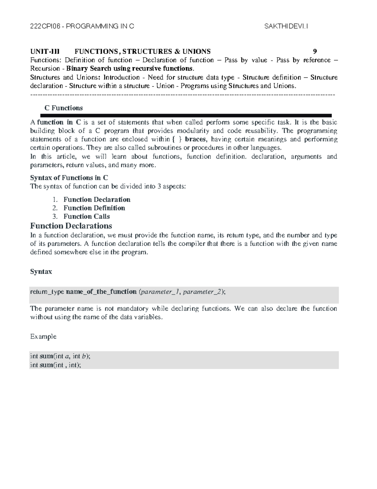 222CPI06-UNIT 3- Notes - UNIT-III FUNCTIONS , STRUCTURES & UNIONS 9 ...