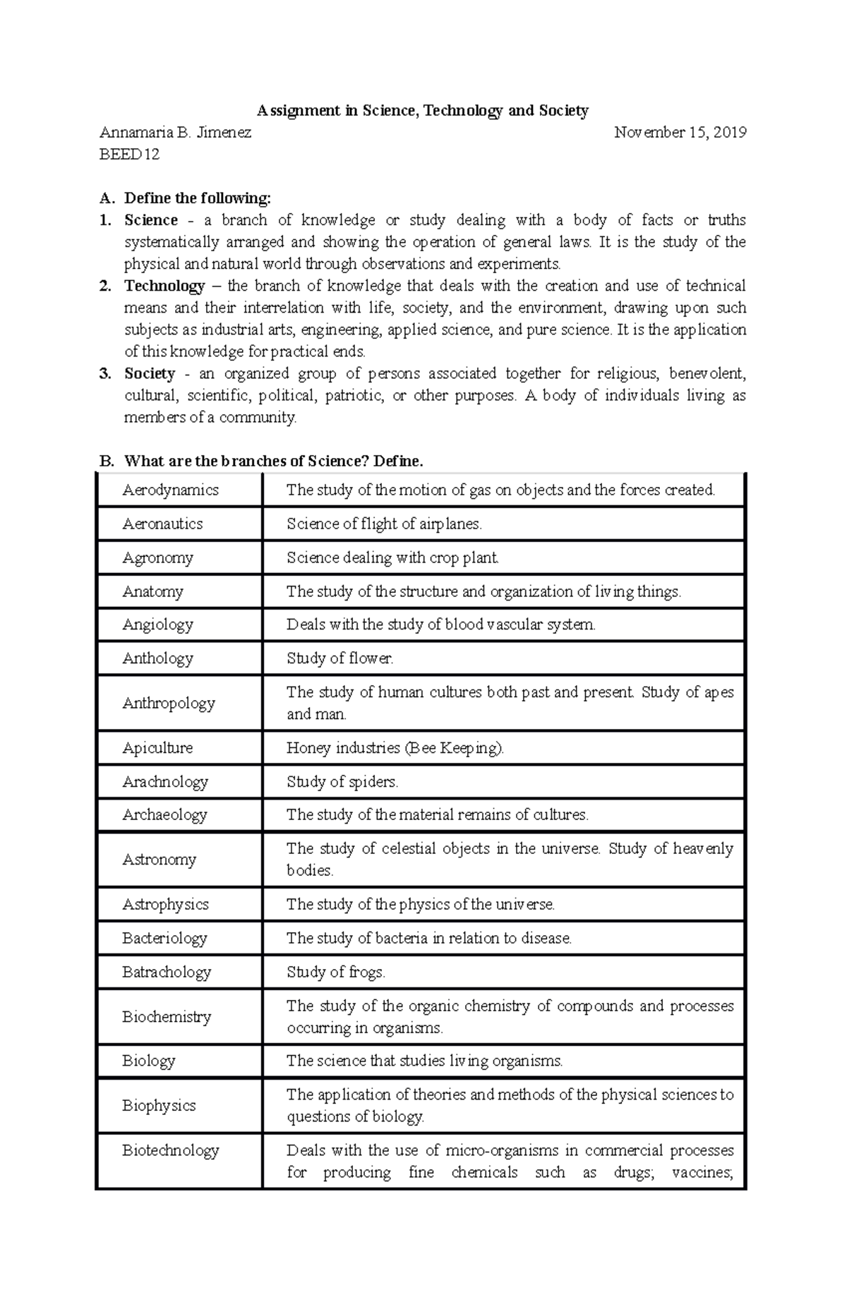 Assignment in Science - Jimenez November 15, 2019 BEED A. Define the ...