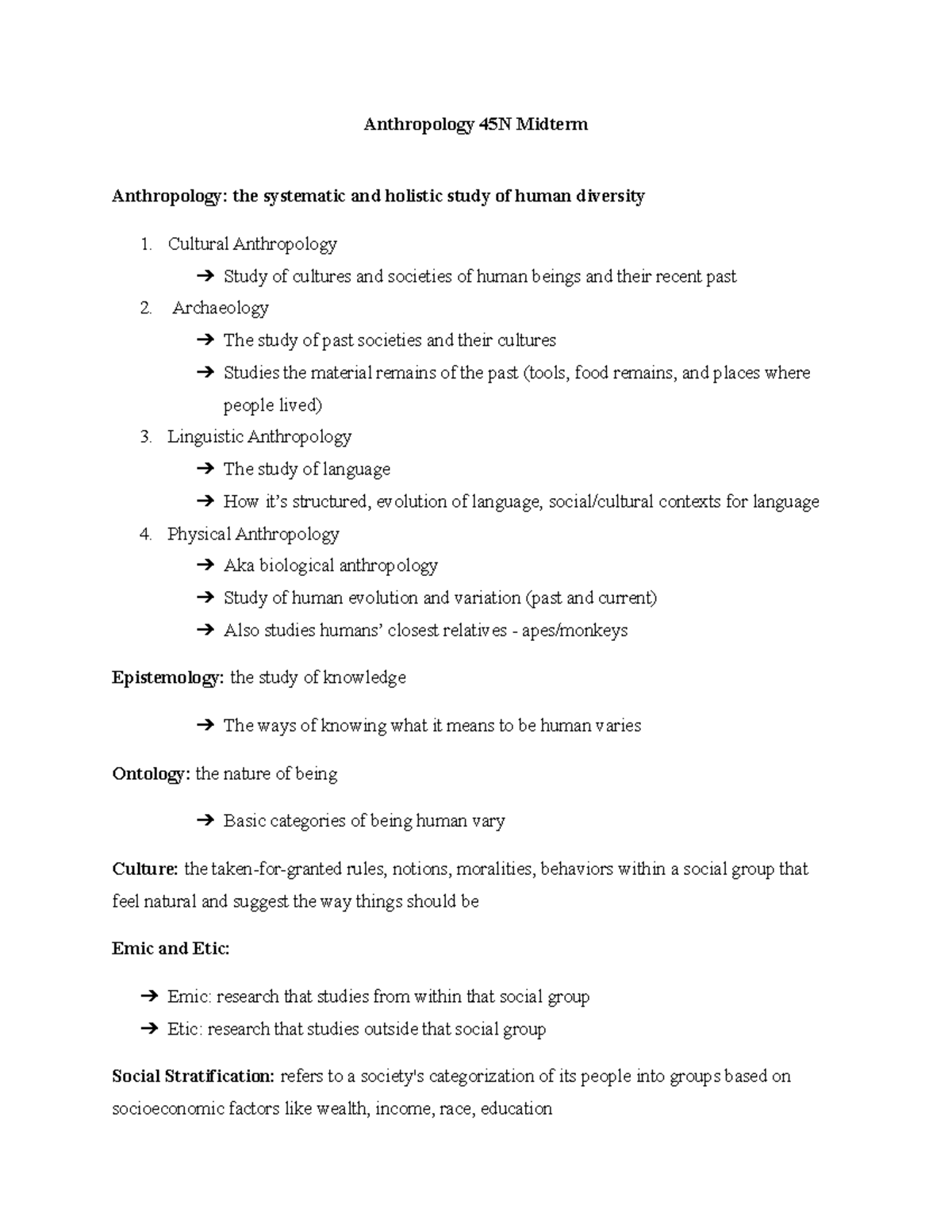 Anthropology Midterm Study Guide - Anthropology 45N Midterm Anthropology: the systematic and ...