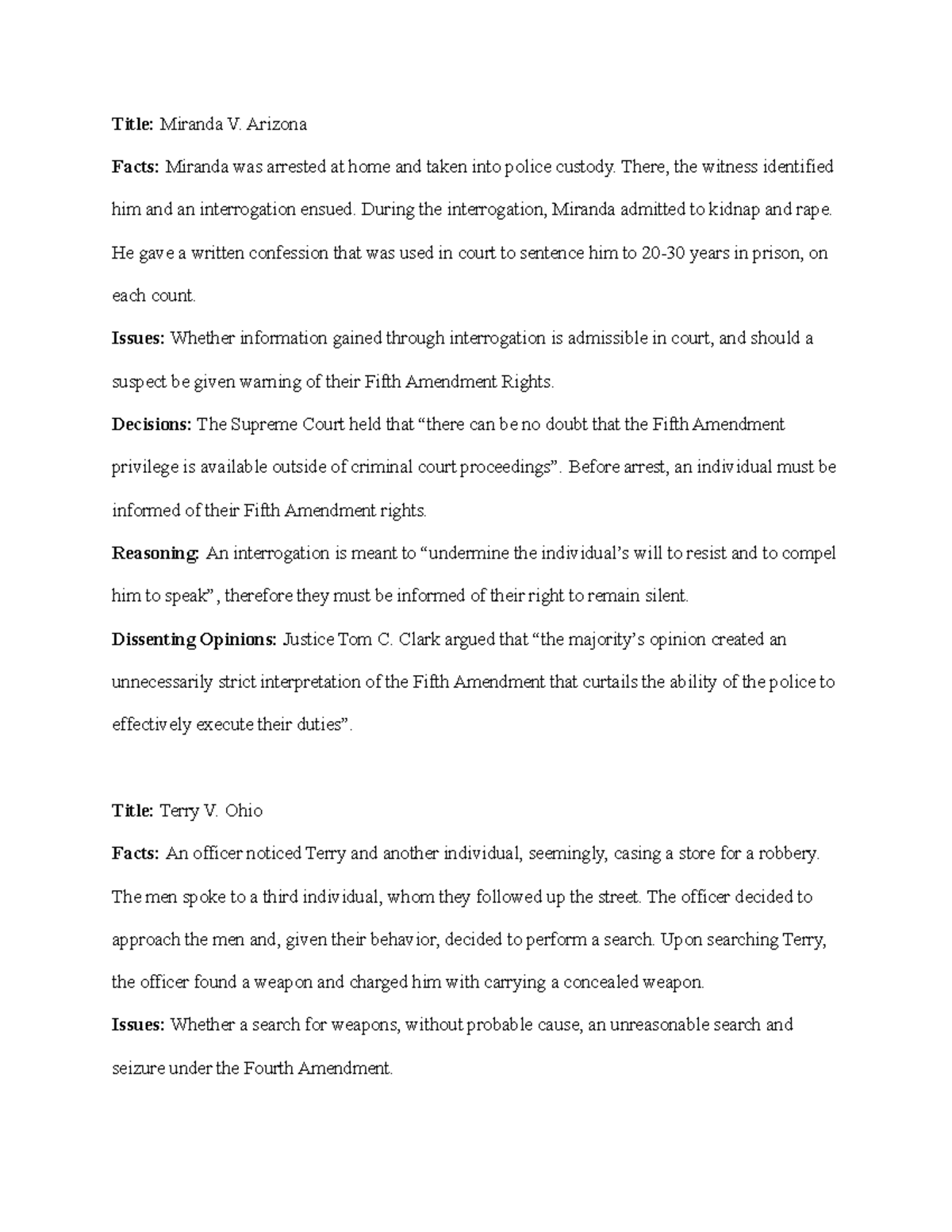 CJUS440 U1IP (revised) - Title: Miranda V. Arizona Facts: Miranda was ...