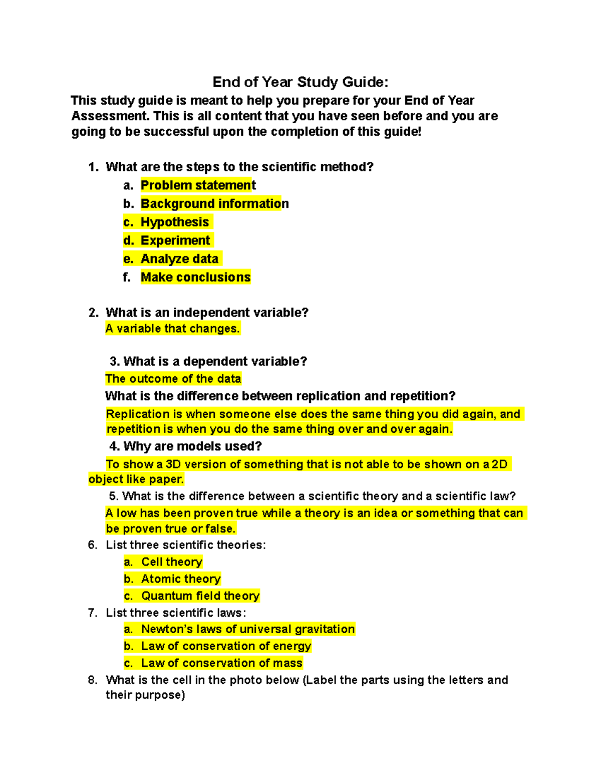 EYA Study Guide - End of year assessment review for physical science ...