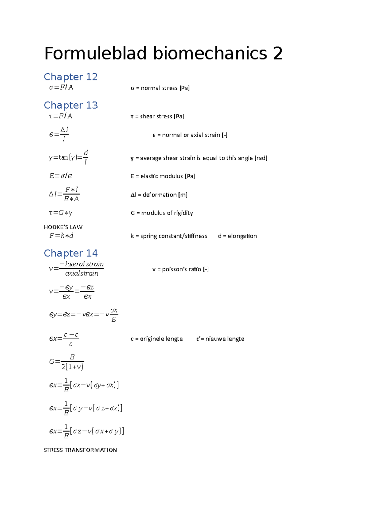 Formuleblad biomechanics 2 - Studeersnel