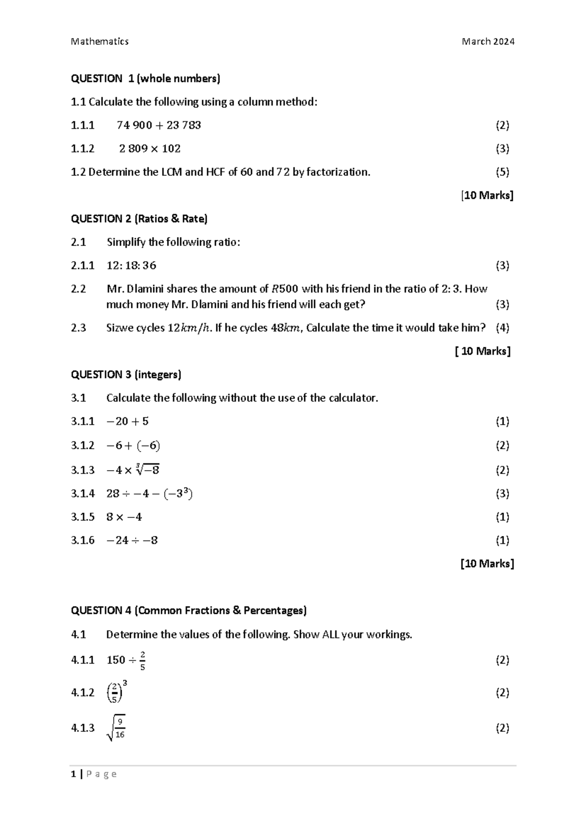 March Exam - Mathematics March 2024 1 | P a g e QUESTION 1 (whole ...