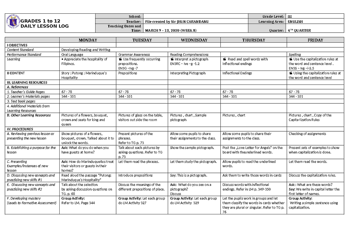 DLL English 3 Q4 W8 - n/a - GRADES 1 to 12 DAILY LESSON LOG School ...
