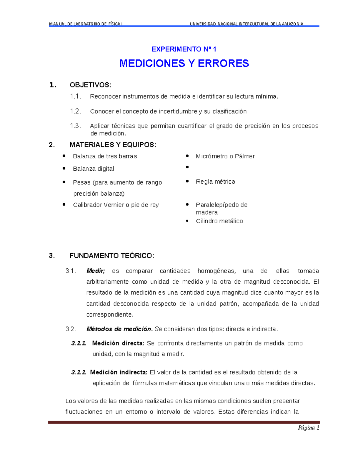 Exp 01 Mediciones Y Errores made - EXPERIMENTO Nº 1 MEDICIONES Y ERRORES OBJETIVOS: Reconocer ...